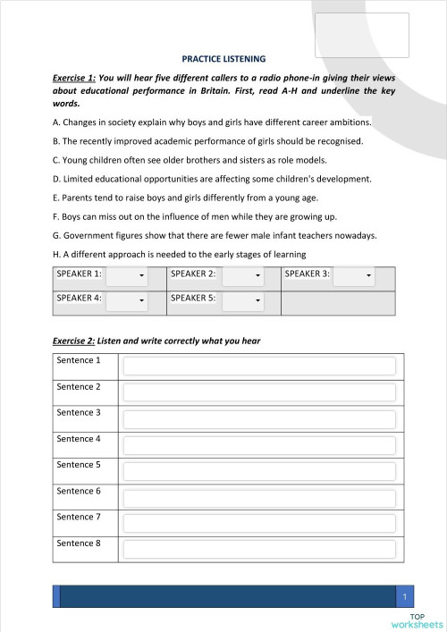 LISTENING PRACTICE -EDUCATION PERFORMANCE. Interactive worksheet ...