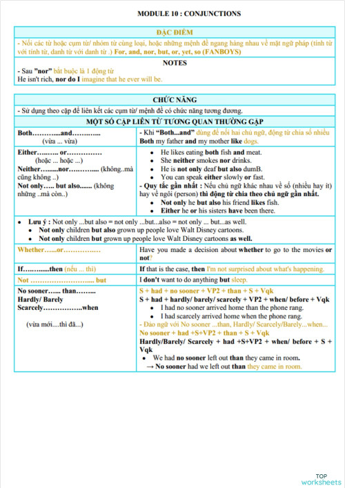 MODULE 10 : CONJUNCTIONS. Interactive worksheet | TopWorksheets