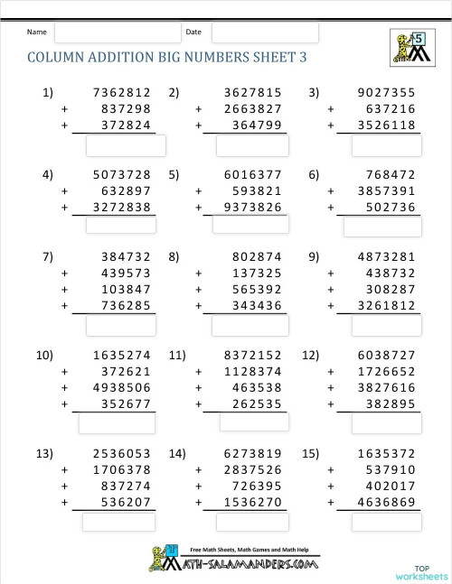 Column Addition Big Numbers Sheet 3. Interactive worksheet | TopWorksheets