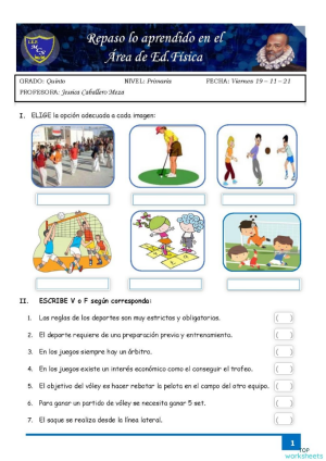 REPASO DE ED. FISICA - 5º. Ficha interactiva | TopWorksheets