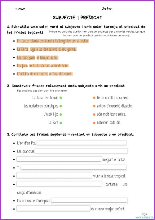 Subjecte i predicat. Fitxa interactiva | TopWorksheets