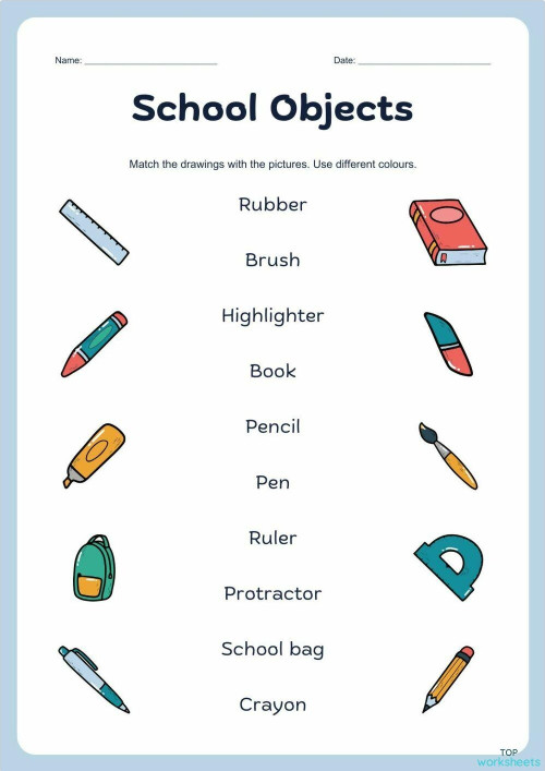 School objects vocabulary matching worksheet in colourful simple fun ...