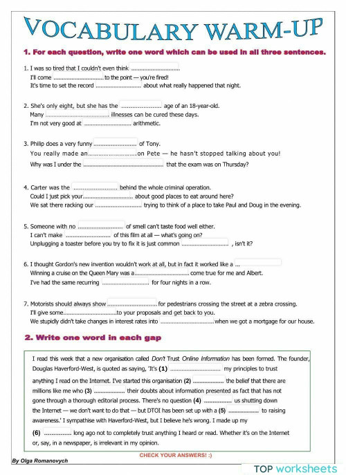 Vocabulary Warm Up - 1. Interactive worksheet | TopWorksheets