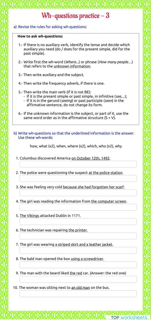 Wh- questions practice 3. Interactive worksheet | TopWorksheets