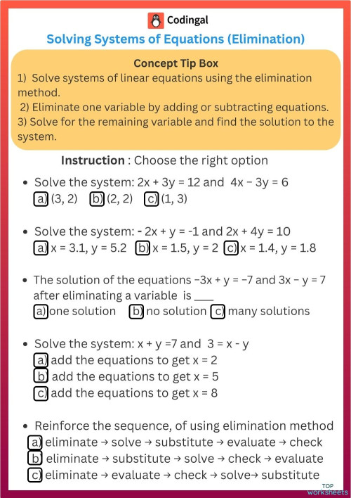M_G08M10L26_WC02_Solving_Systems_of_Equations_(Elimination)_2. Interactive worksheet | TopWorksheets