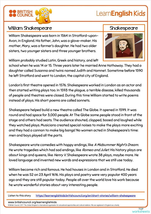 William Shakespeare's. Interactive worksheet | TopWorksheets