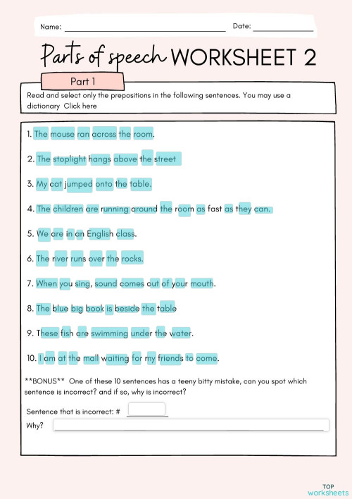 Parts of speech workswheet 2. Interactive worksheet | TopWorksheets