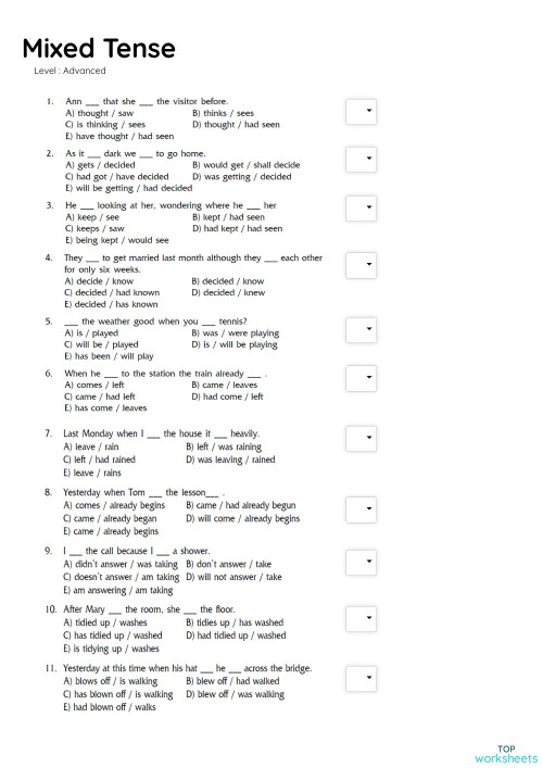 Mixed Tense - advanced. Interactive worksheet | TopWorksheets