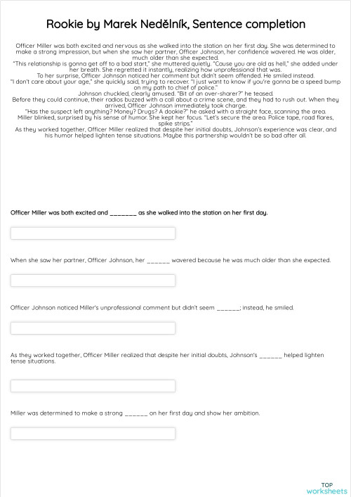 Rookie by Marek Nedělník, Sentence completion. Interactive worksheet ...