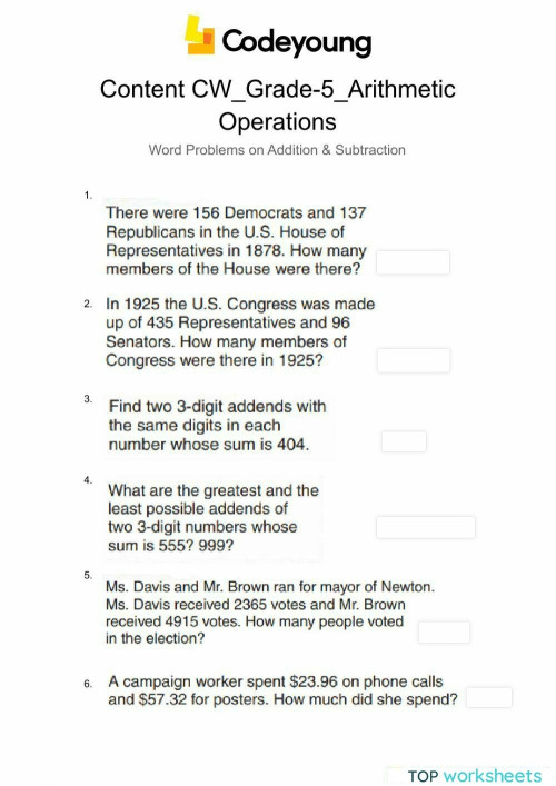 Content-CW-Word Problems on Addition & Subtraction. Interactive ...
