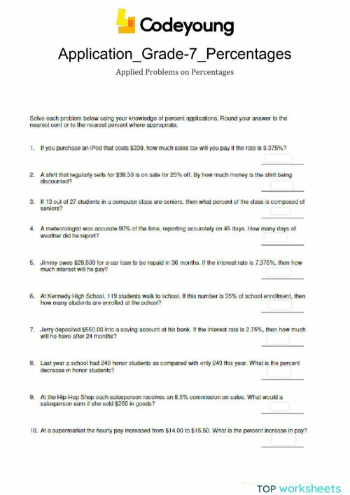 Applied Problems on Percentages Application. Interactive worksheet ...