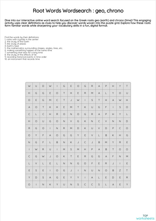 Root Words Wordsearch : geo, chrono. Interactive worksheet | TopWorksheets