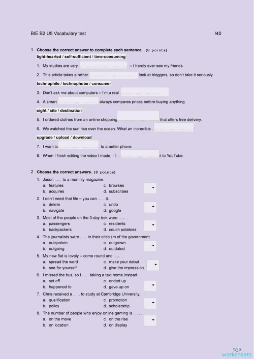 BIE B2 U5 Vocabulary test. Interactive worksheet | TopWorksheets