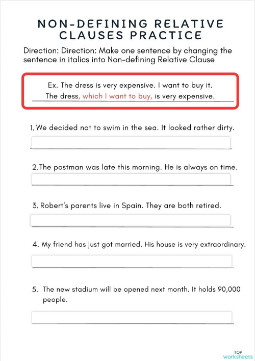 Non-defining Relative Clauses Practice ใบงานเชิงโต้ตอบ | TopWorksheets