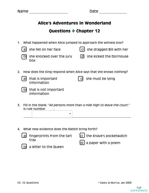 Alice in Wonderland Chapter 12. Interactive worksheet | TopWorksheets