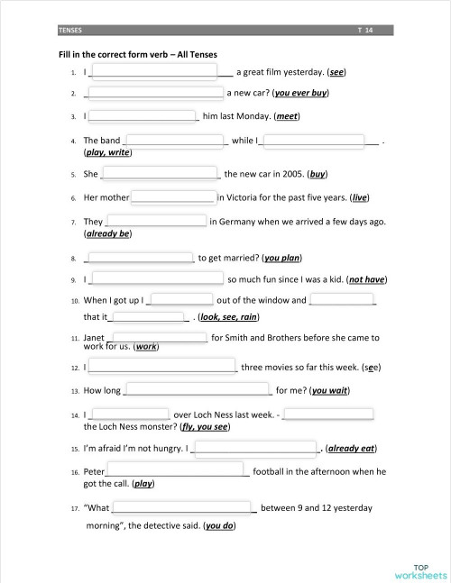 Present and Past Tenses - T14. Interactive worksheet | TopWorksheets