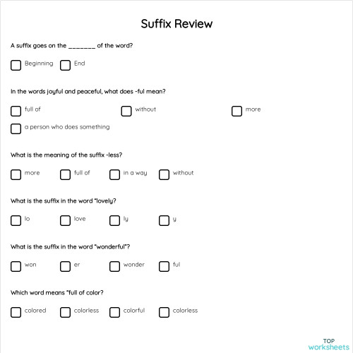 Suffix Review. Interactive worksheet | TopWorksheets