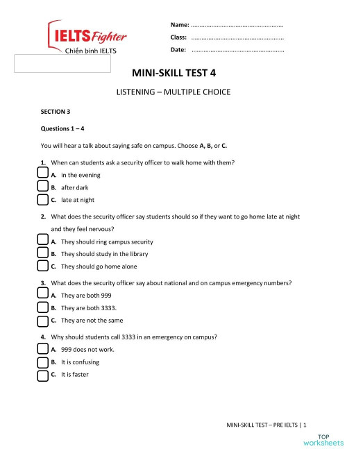 PRE JUNIOR - MINI TEST 4. Interactive worksheet | TopWorksheets