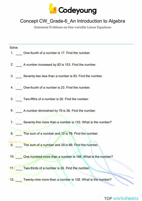 Statement Problems on One-variable Linear Equations Concept CW ...