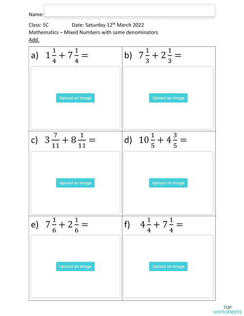 Adding mixed numbers with same denominator. Interactive worksheet ...