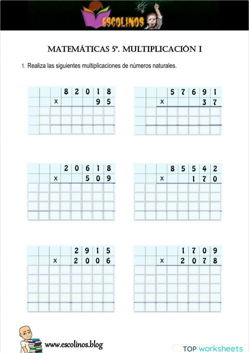 Matemáticas 5º. Multiplicación I. Ficha interactiva | TopWorksheets
