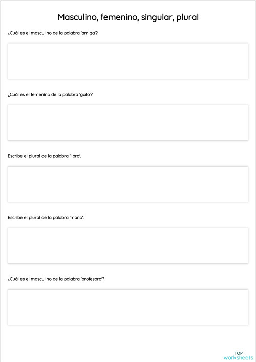 Masculino, femenino, singular, plural. Ficha interactiva | TopWorksheets