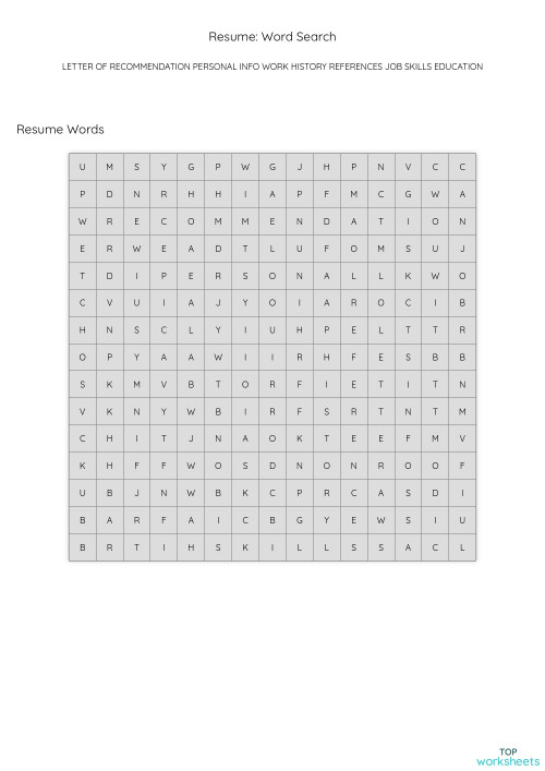 Resume: Word Search. Interactive worksheet | TopWorksheets