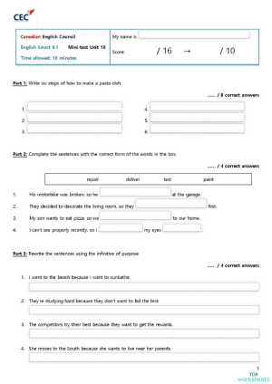 ENGLISH SMART 6 - MINI TEST UNIT 10. Interactive worksheet | TopWorksheets