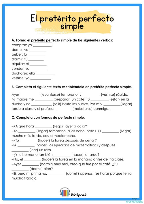 U24 El pretérito perfecto simple. Ficha interactiva | TopWorksheets