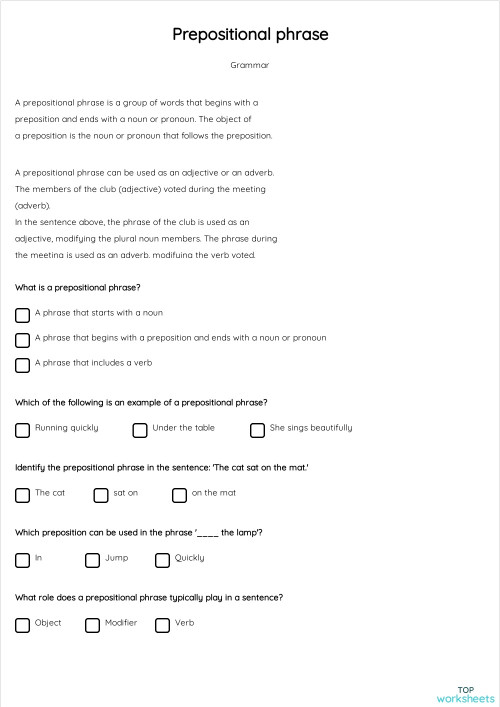 Prepositional phrase. Interactive worksheet | TopWorksheets