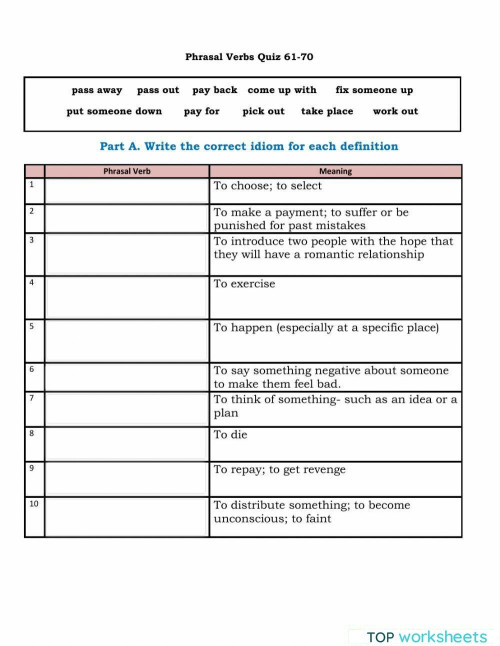 Phrasal Verbs Quiz 61-70. Interactive worksheet | TopWorksheets