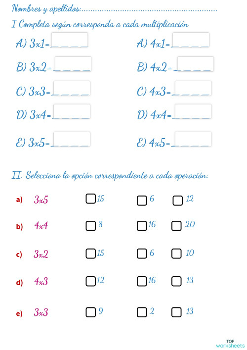 multiplicación por 3 y 4. Ficha interactiva | TopWorksheets