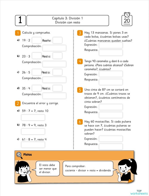 división con resto. Ficha interactiva | TopWorksheets