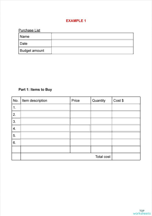 Purchase List - Part 1: Items to Buy. Interactive worksheet | TopWorksheets