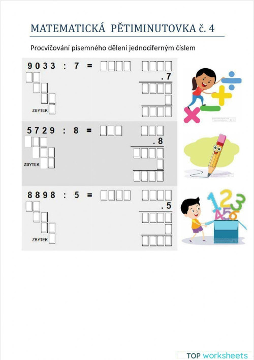 Dělení se zbytkem. Interaktivní pracovní list | TopWorksheets