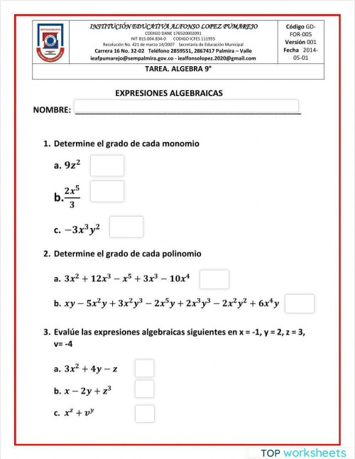 Expresiones algebraicas. Ficha interactiva | TopWorksheets