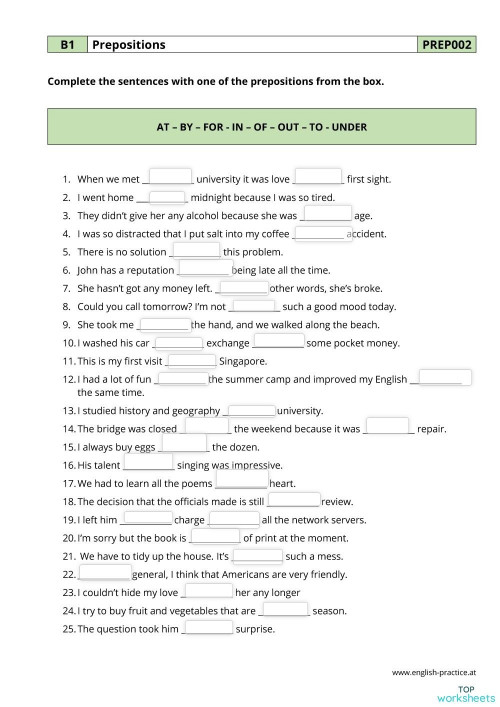 Prepositions 14. Interactive worksheet | TopWorksheets