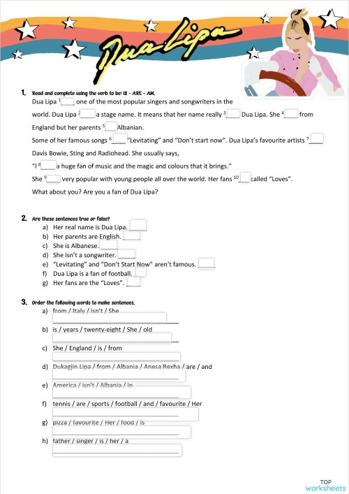 Reading "DUA LIPA" verb TO BE. Interactive worksheet | TopWorksheets