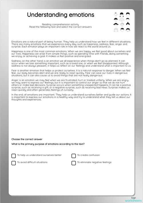 Understanding emotions. Interactive worksheet | TopWorksheets