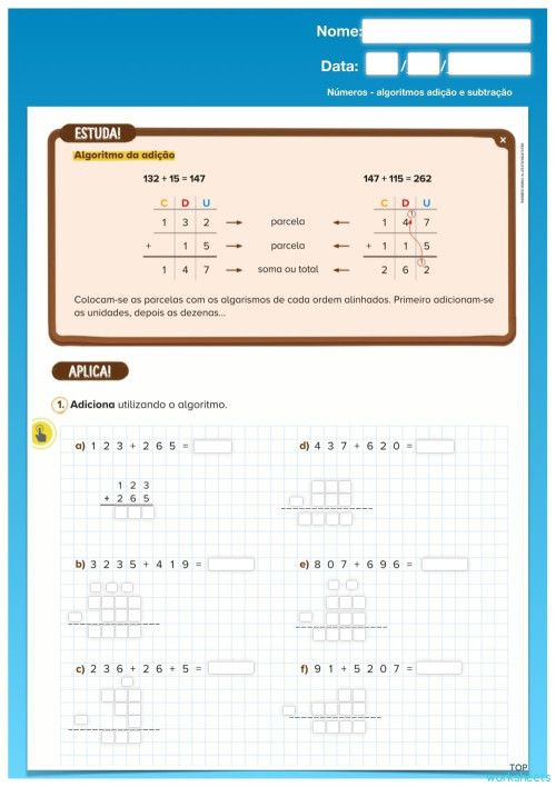 Algoritmos adição subtração. Scheda interattiva | TopWorksheets