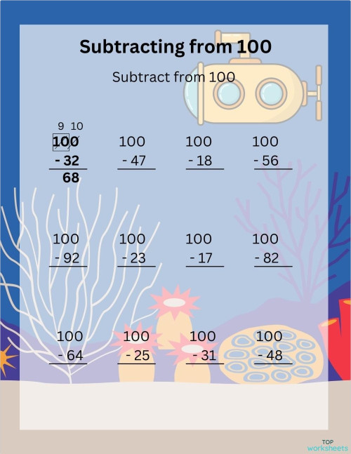 Subtracting from 100. Interactive worksheet | TopWorksheets
