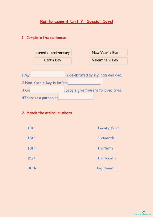 Special days. Interactive worksheet | TopWorksheets