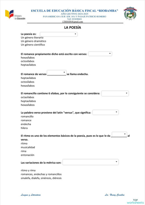 LA POESÍA: RITMO Y SENSIBILIDAD. Ficha interactiva | TopWorksheets
