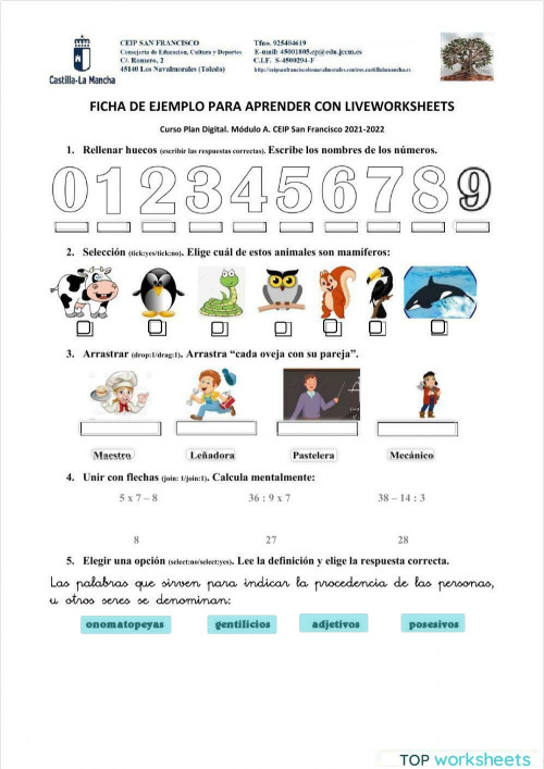Ficha de ejemplo para aprender con liveworkshee. Ficha interactiva | TopWorksheets