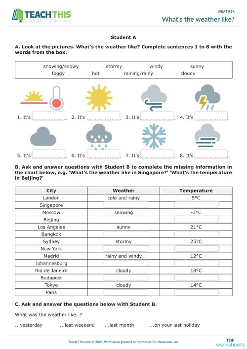 Weather Student A. Interactive worksheet | TopWorksheets