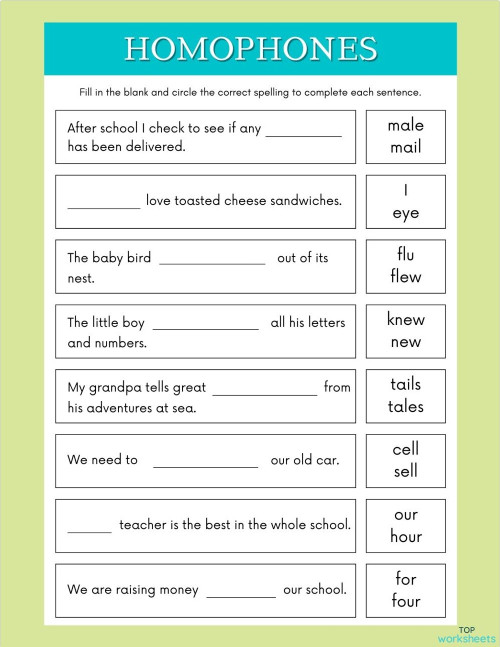 homophones worksheet. Interactive worksheet | TopWorksheets
