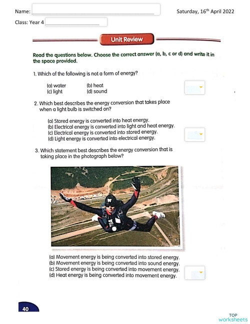 Unit Review (Energy and Forces). Interactive worksheet | TopWorksheets
