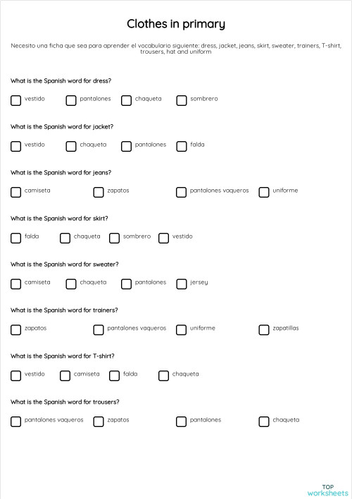 Clothes in primary. Interactive worksheet | TopWorksheets