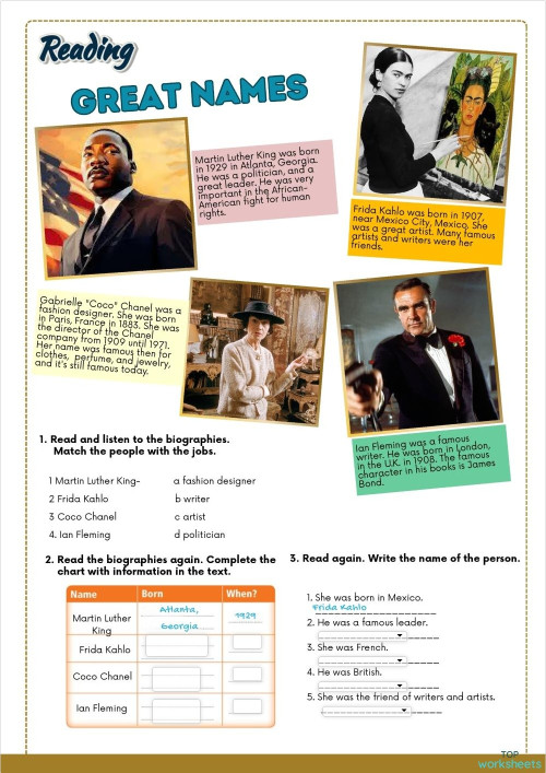 V.2 Reading Great Names (3rd). Interactive worksheet | TopWorksheets