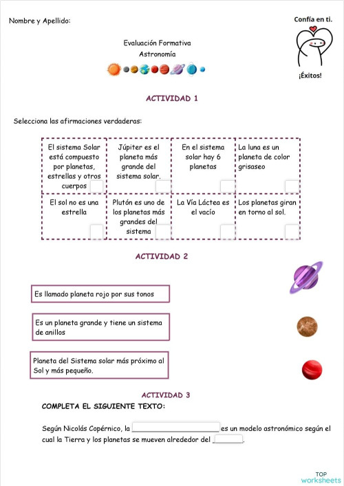 Evaluación formativa- Astronomía. Ficha interactiva | TopWorksheets